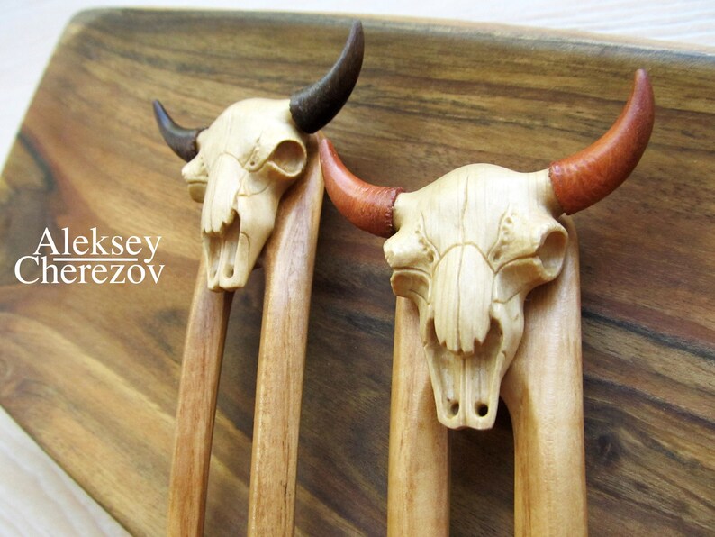 Bull Skull, Bison Skull, Wooden Hair Fork , Hairgrips, Hair Jewelry ...
