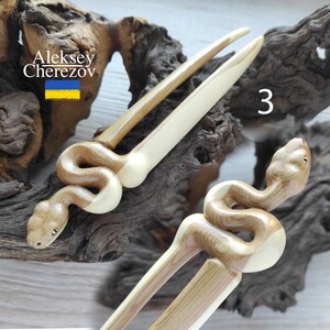 Natural Lilac & Boxwood Wooden Hair Fork, Carved Snake Stick for Long ...