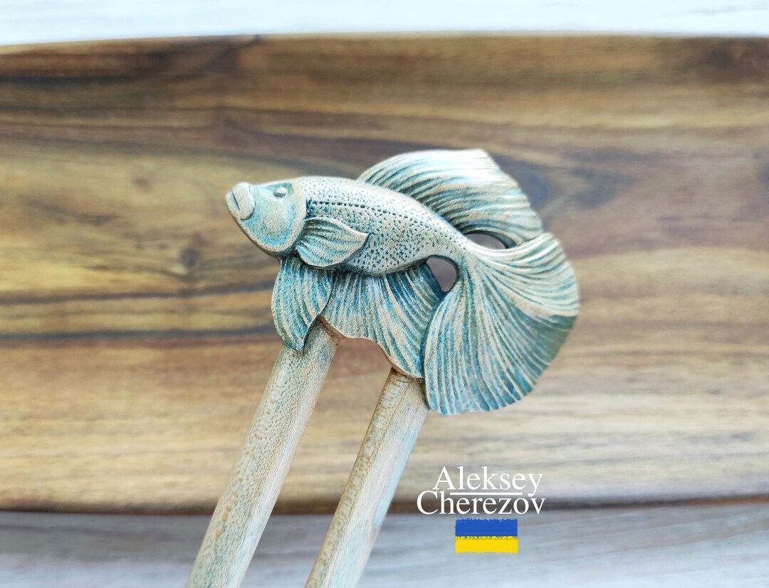 Carved Wooden Hair Fork With Betta Fish, Wooden Hair Pin With Fish ...
