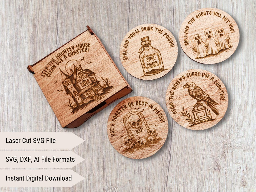 Halloween Coaster Set Laser Cut File: Spooky Drink Coasters (SVG, DXF ...
