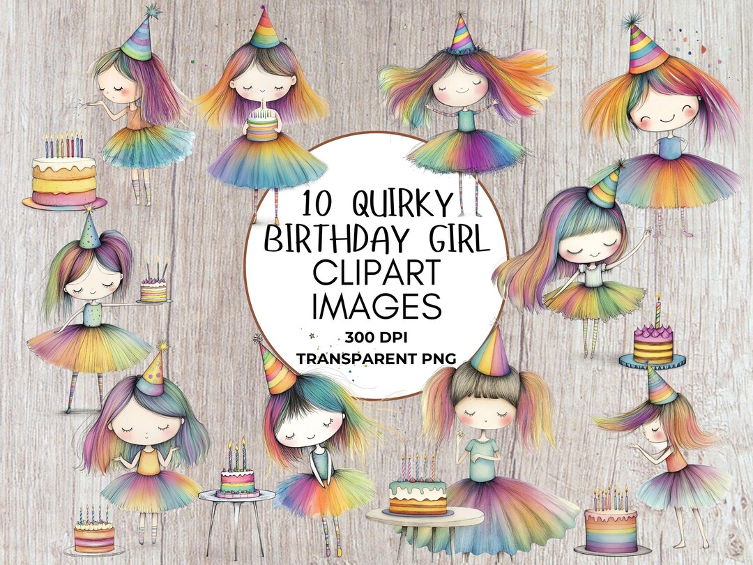 Rainbow Birthday Clipart Bundle Celebrating Girl With Cake Clipart ...