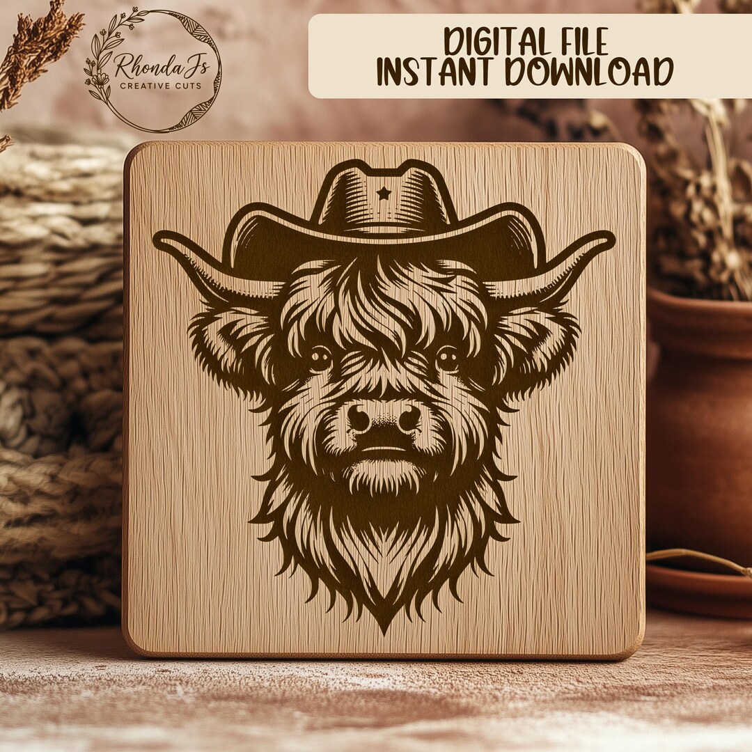 Cowboy Highland Cow SVG, Laser Engraving File, Western Bull Art, Vector ...