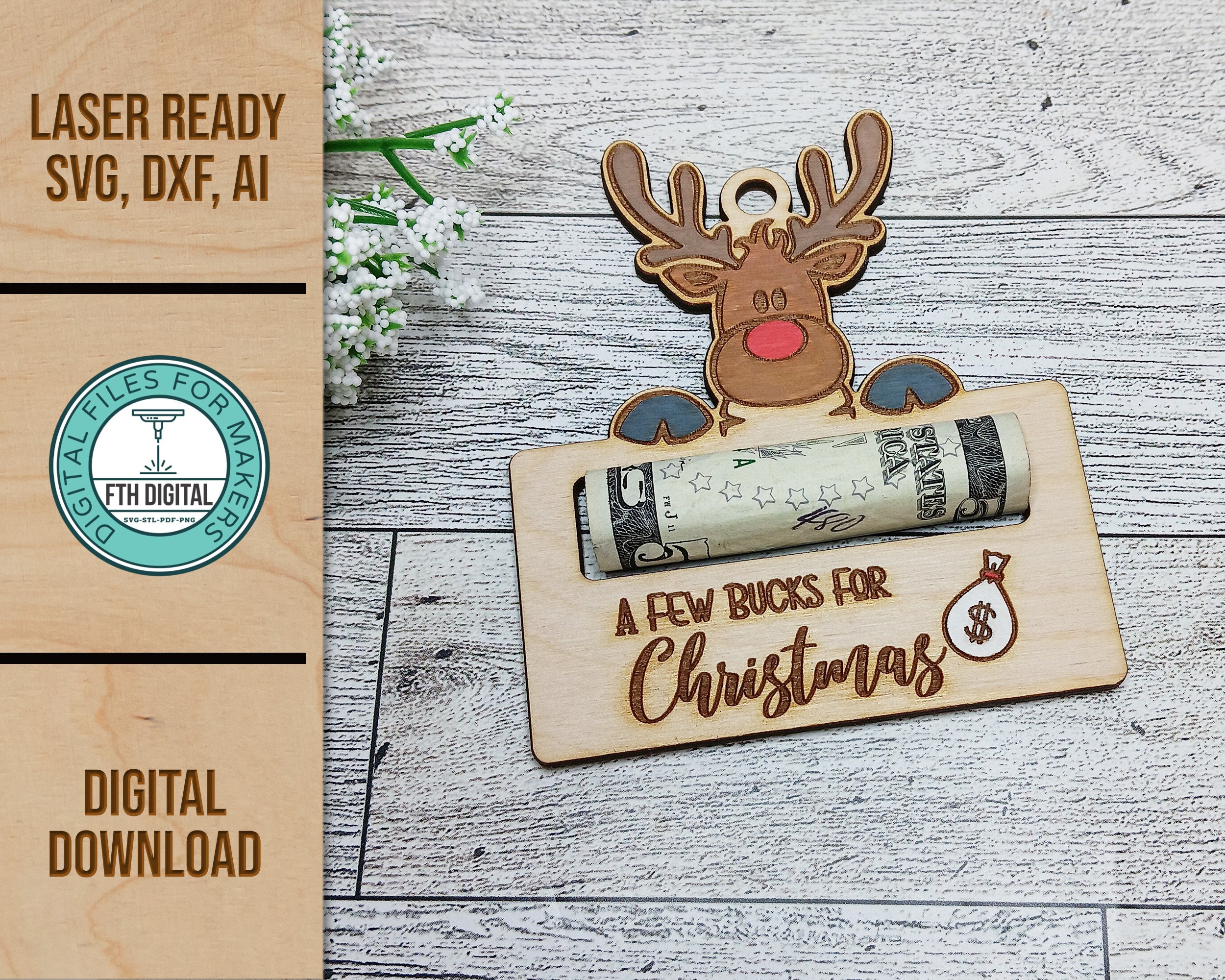 Reindeer Money Holder Christmas Ornament SVG Laser Cut File (digital ...