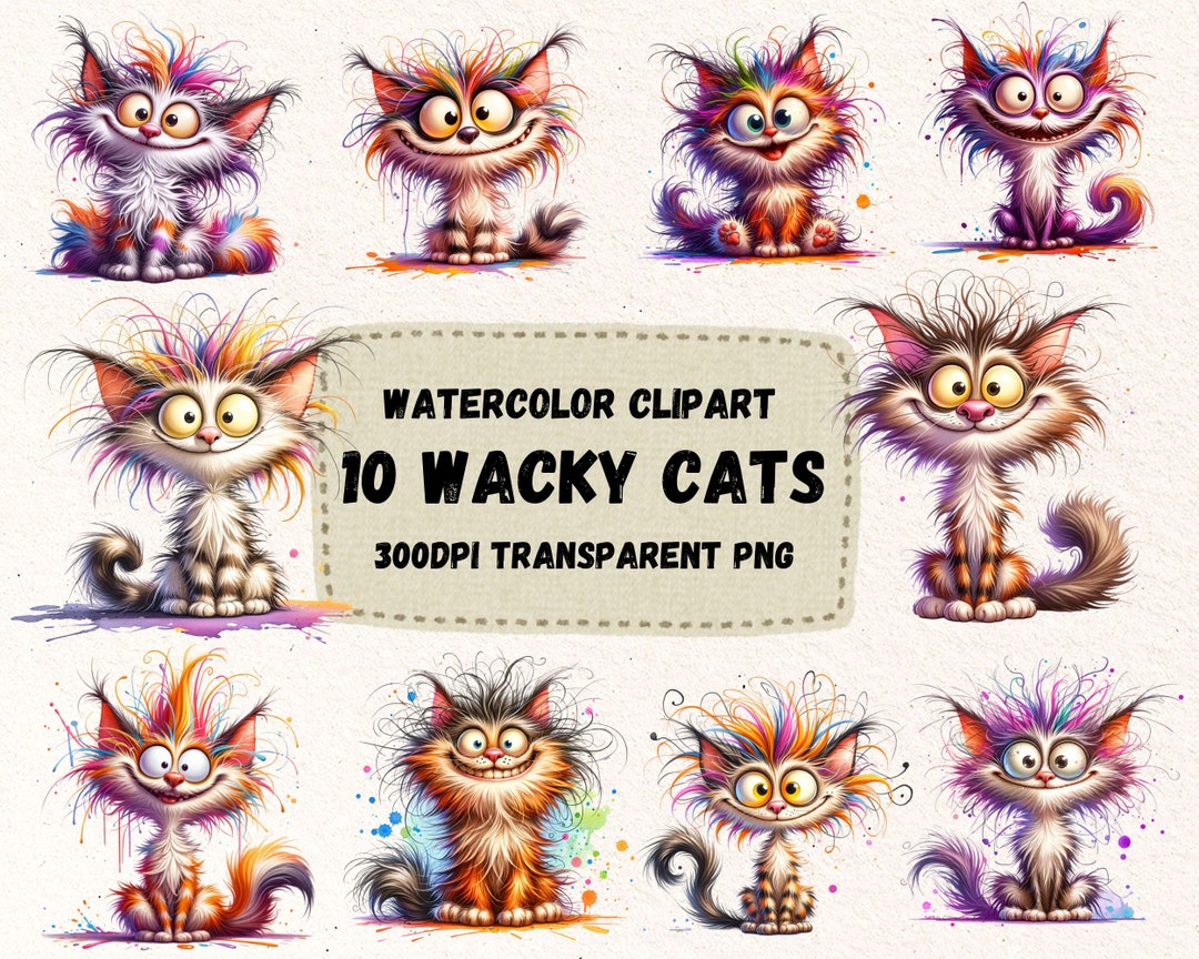 Crazy, Wacky Cat Clipart Bundle, Cat Watercolor Clipart, Transparent ...