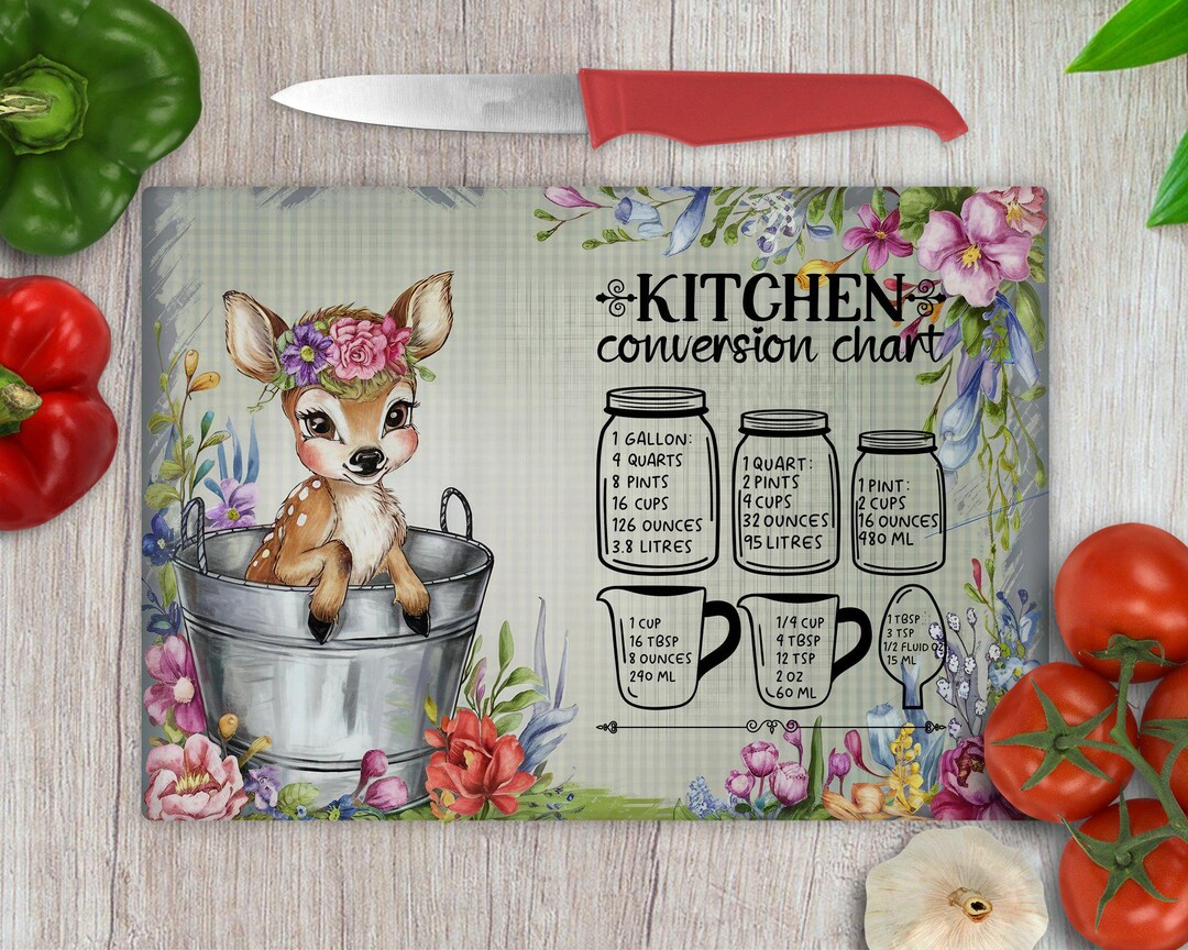 Kitchen Conversion Chart Sublimation Design, Deer Floral Glass Cutting ...