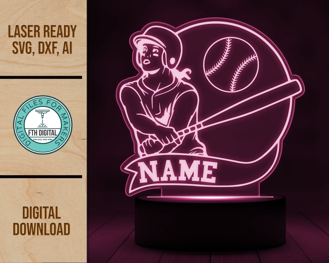 Custom Baseball Girl Edge Lit Acrylic Night Light SVG Laser Cut File ...