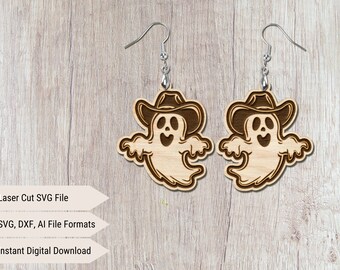 Cowboy Ghost Halloween Earrings SVG, Western Earrings SVG, Glowforge ...