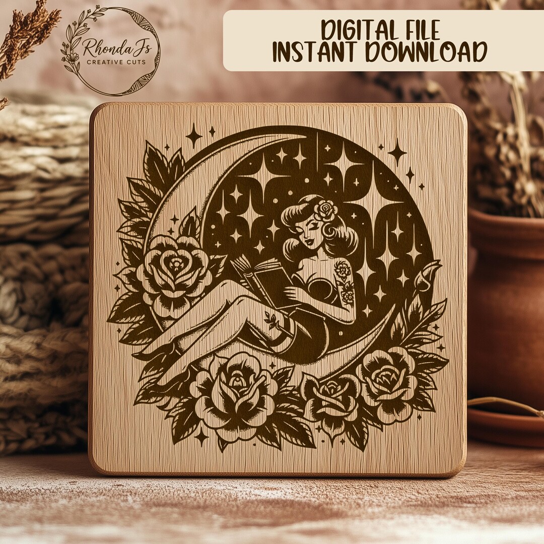 Pinup Girl Reading SVG Laser Engraving File, Moon Stars Roses Art ...
