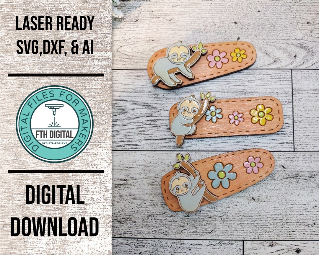 Cute Sloth Hair Clip Laser Cut SVG File, Cute Sloth Hair Clip Glowforge ...