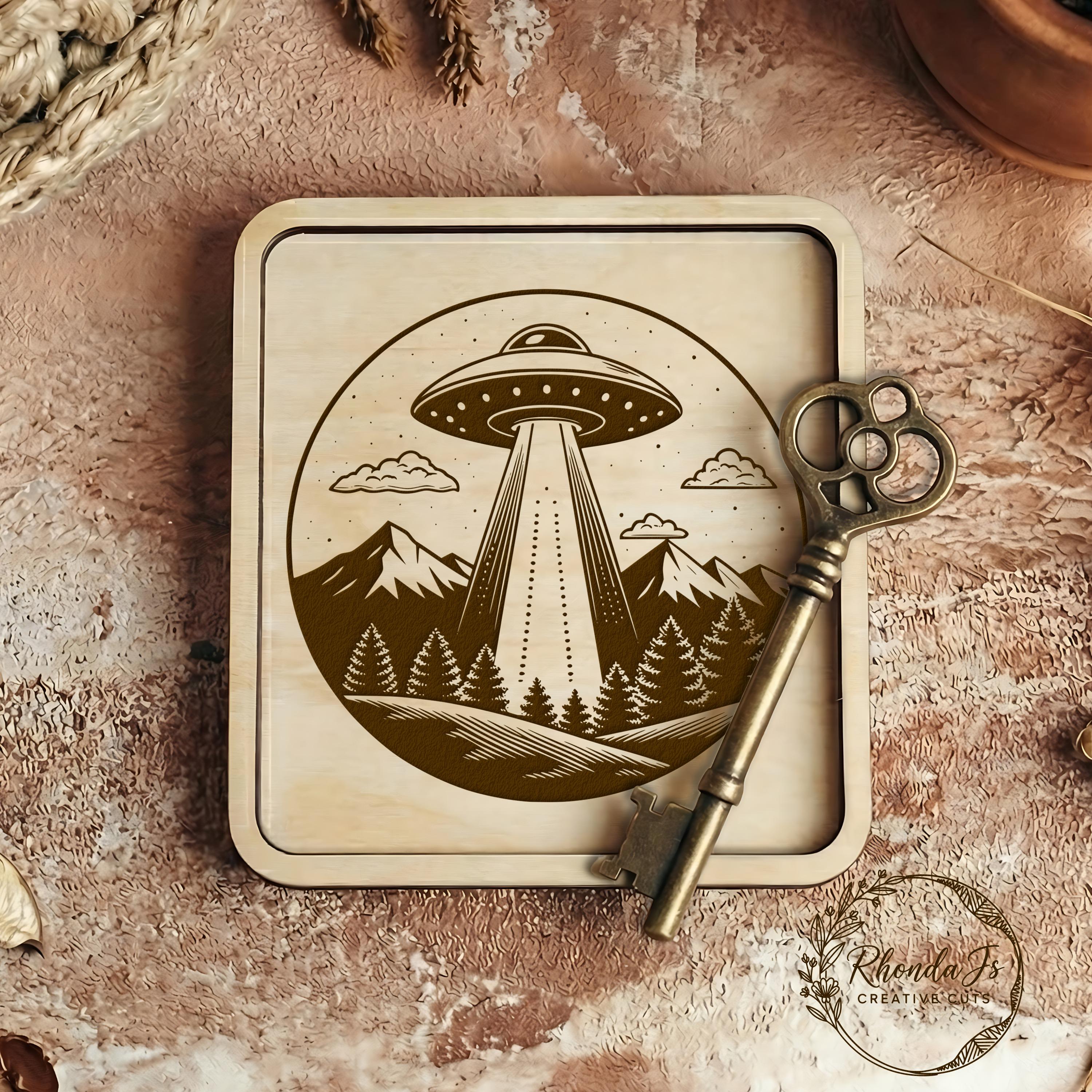 SVG File for Laser Engraving, UFO Abduction, Alien Spaceship, Mountains ...