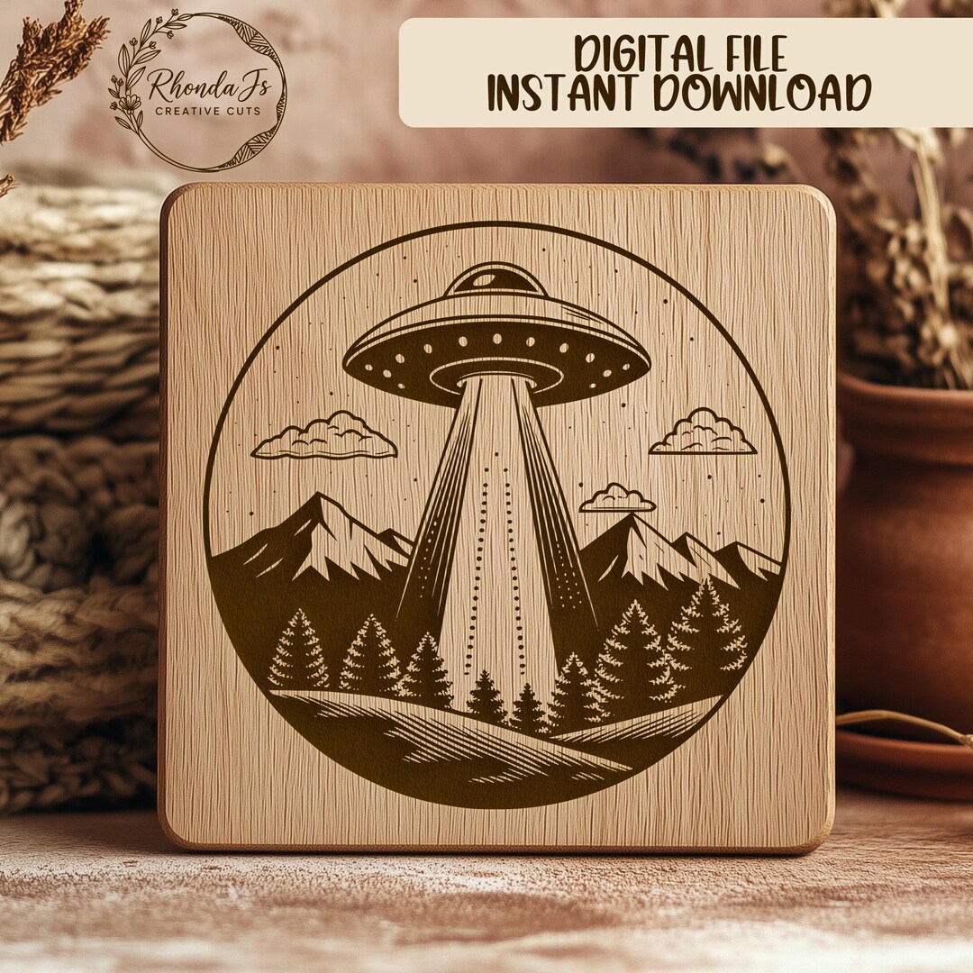 SVG File for Laser Engraving, UFO Abduction, Alien Spaceship, Mountains ...