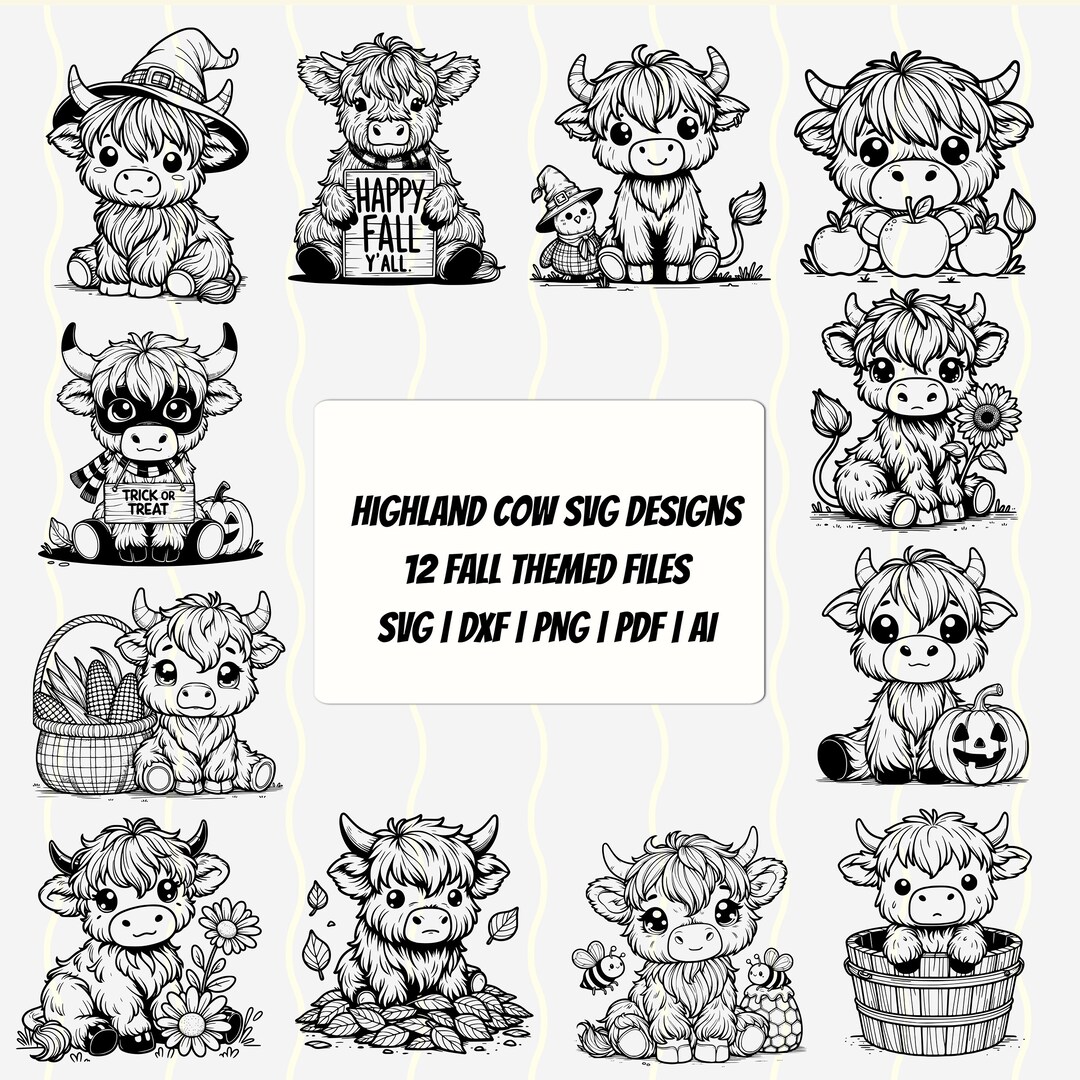 12 Fall Highaland Cow SVG File Bundle for Crafters, Sublimation, T ...