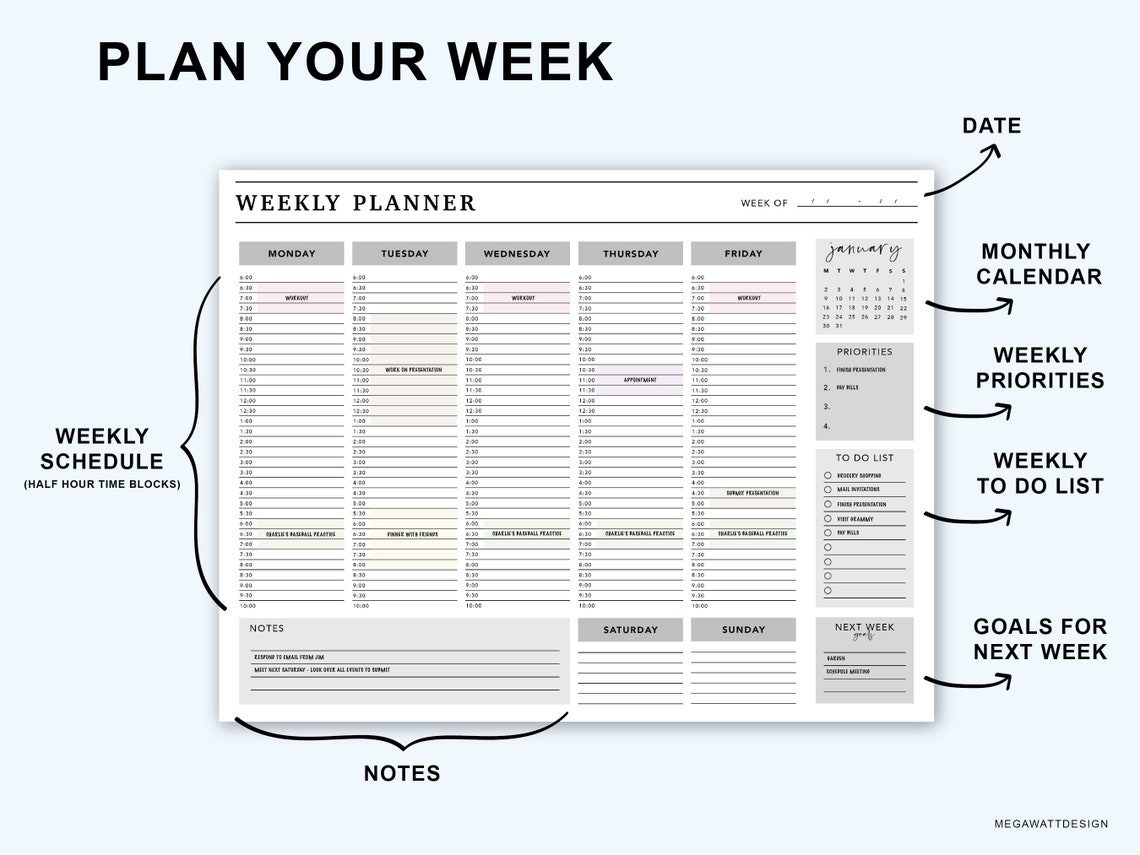 2023 Weekly Planner, Hourly Planner Printable / Daily Schedule, to Do ...
