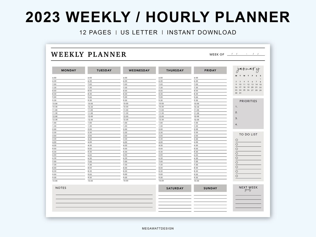 2023 Weekly Planner, Hourly Planner Printable / Daily Schedule, to Do ...