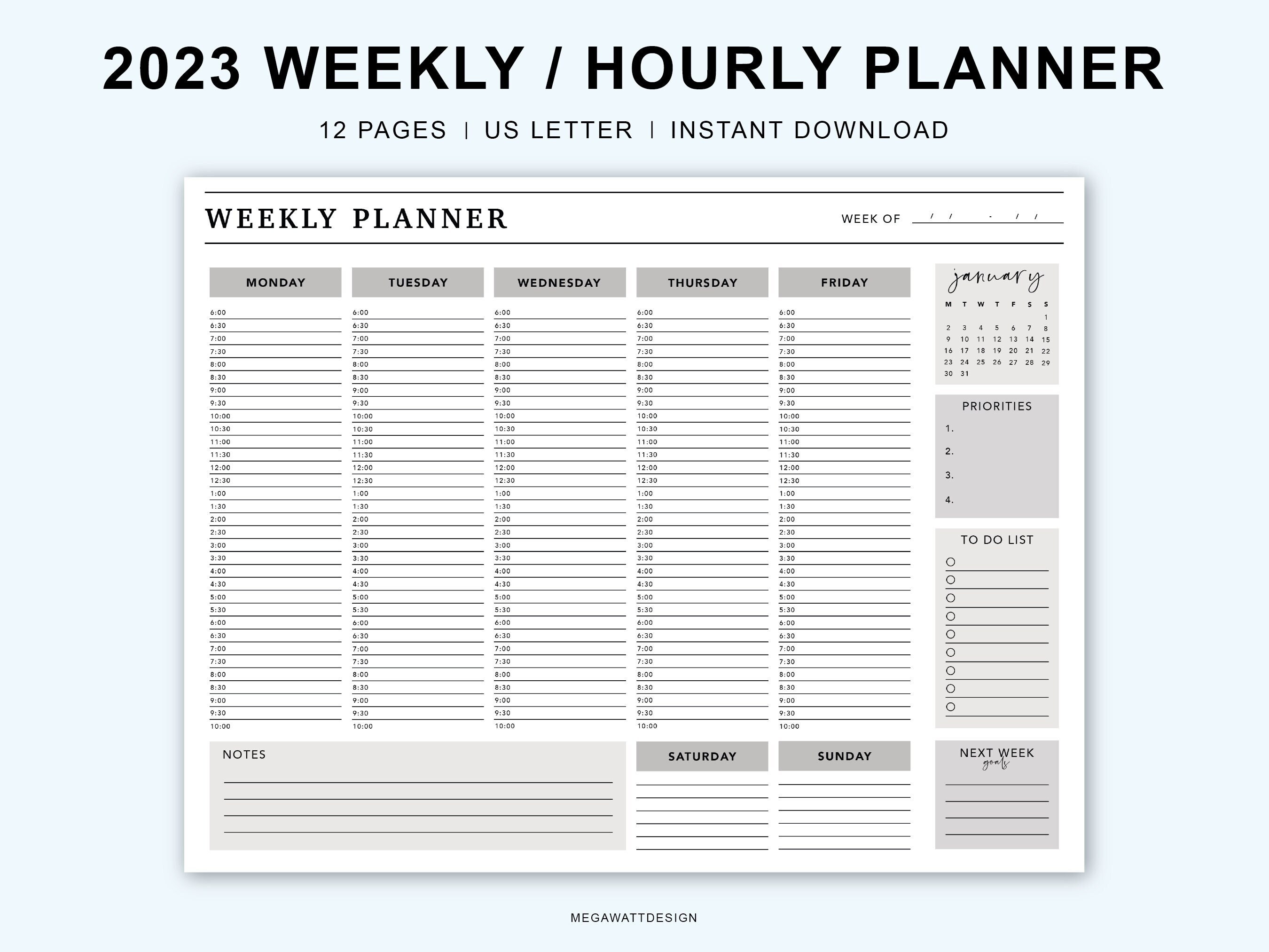 2023 Weekly Planner, Hourly Planner Printable / Daily Schedule, to Do ...