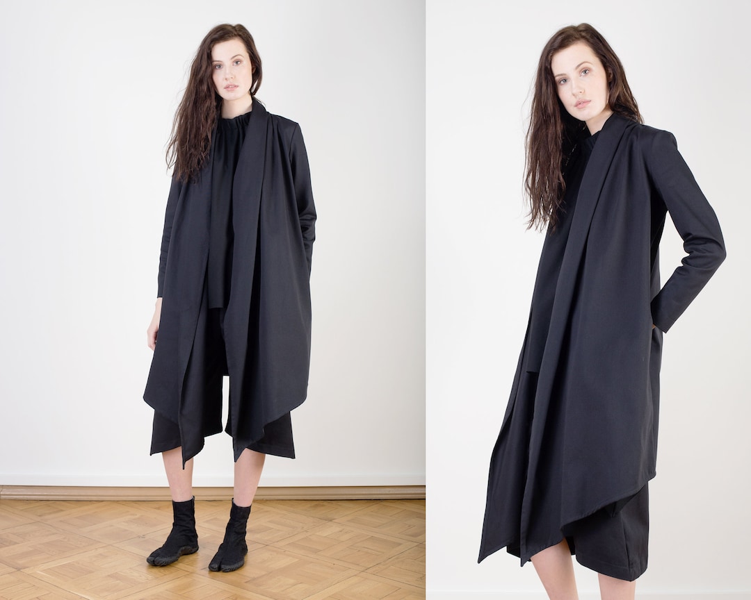 Black Asymmetrical Jacket, Spring Coat, Black Minimalist Coat, Midi ...