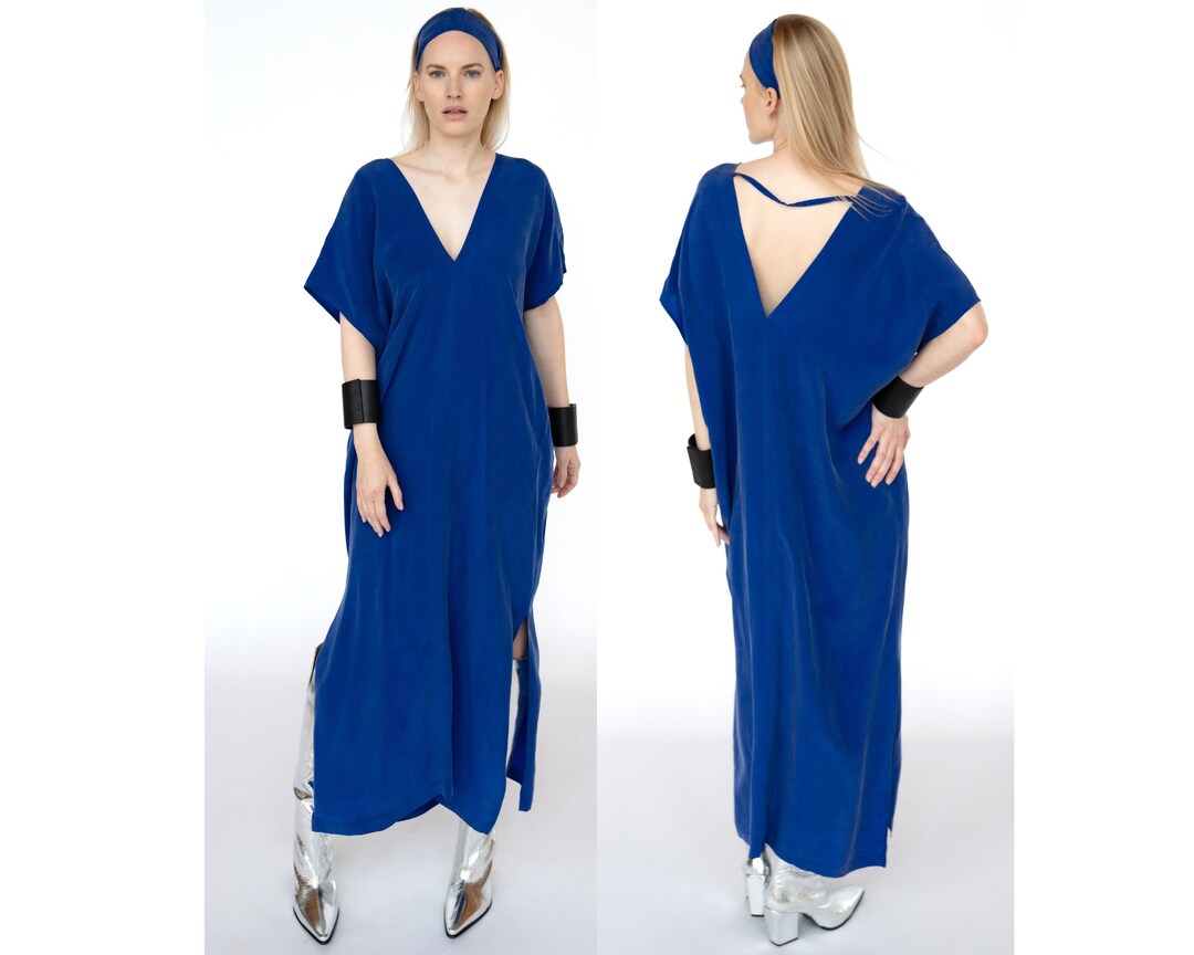 Royal Blue Silk Cupro Kaftan Dress, One Size Solid V-neck Loose Fit Maxi Modest Dresses, Zero ...