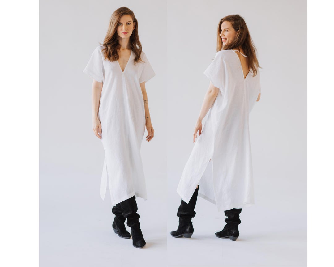 White Linen Kaftan Maxi Dress, Loose Fit Oversize Free Size Caftan, Vneck Summer Beach Dress ...