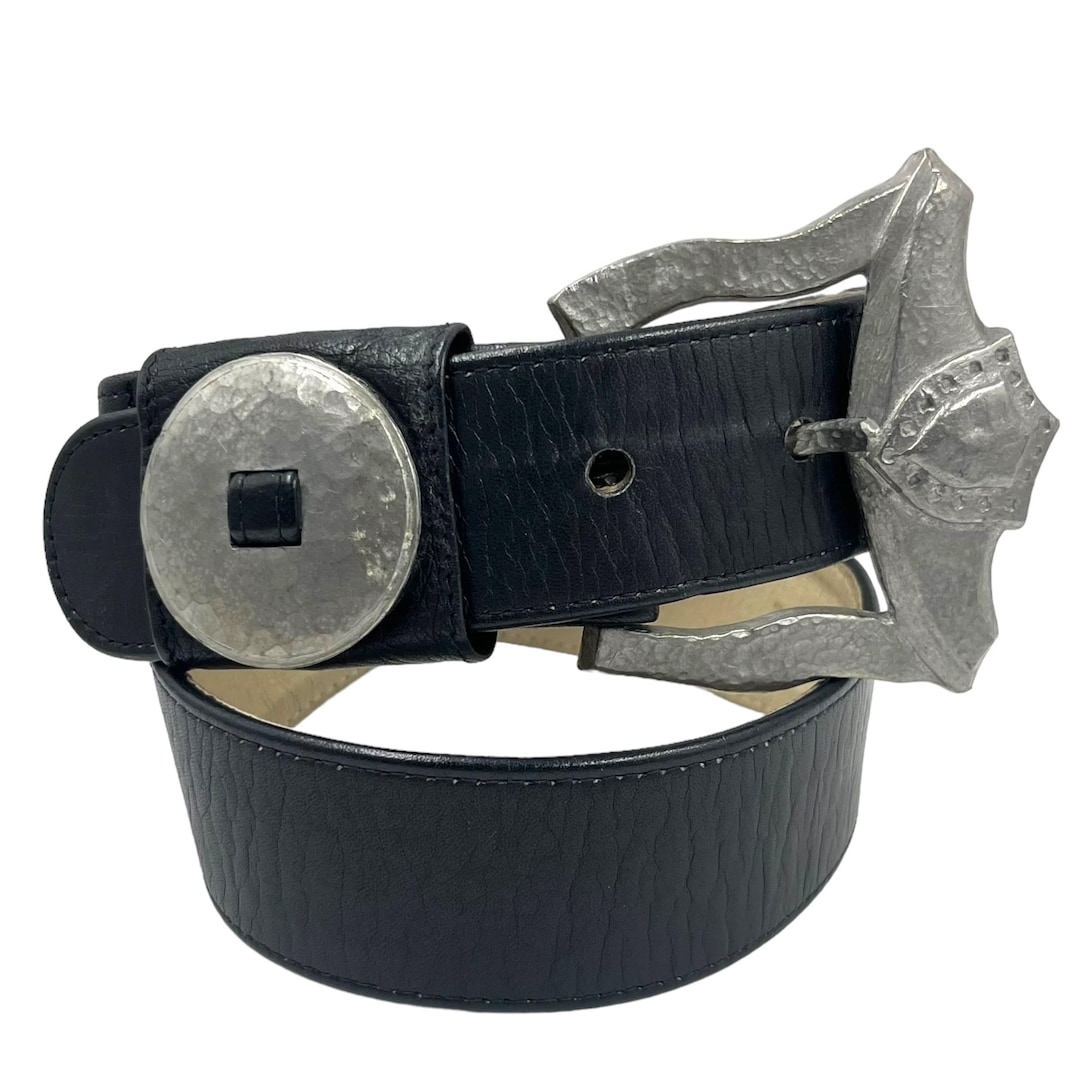 Vintage Retro Paris Statement Belt 1980s 1990s Black Leather Hammered ...