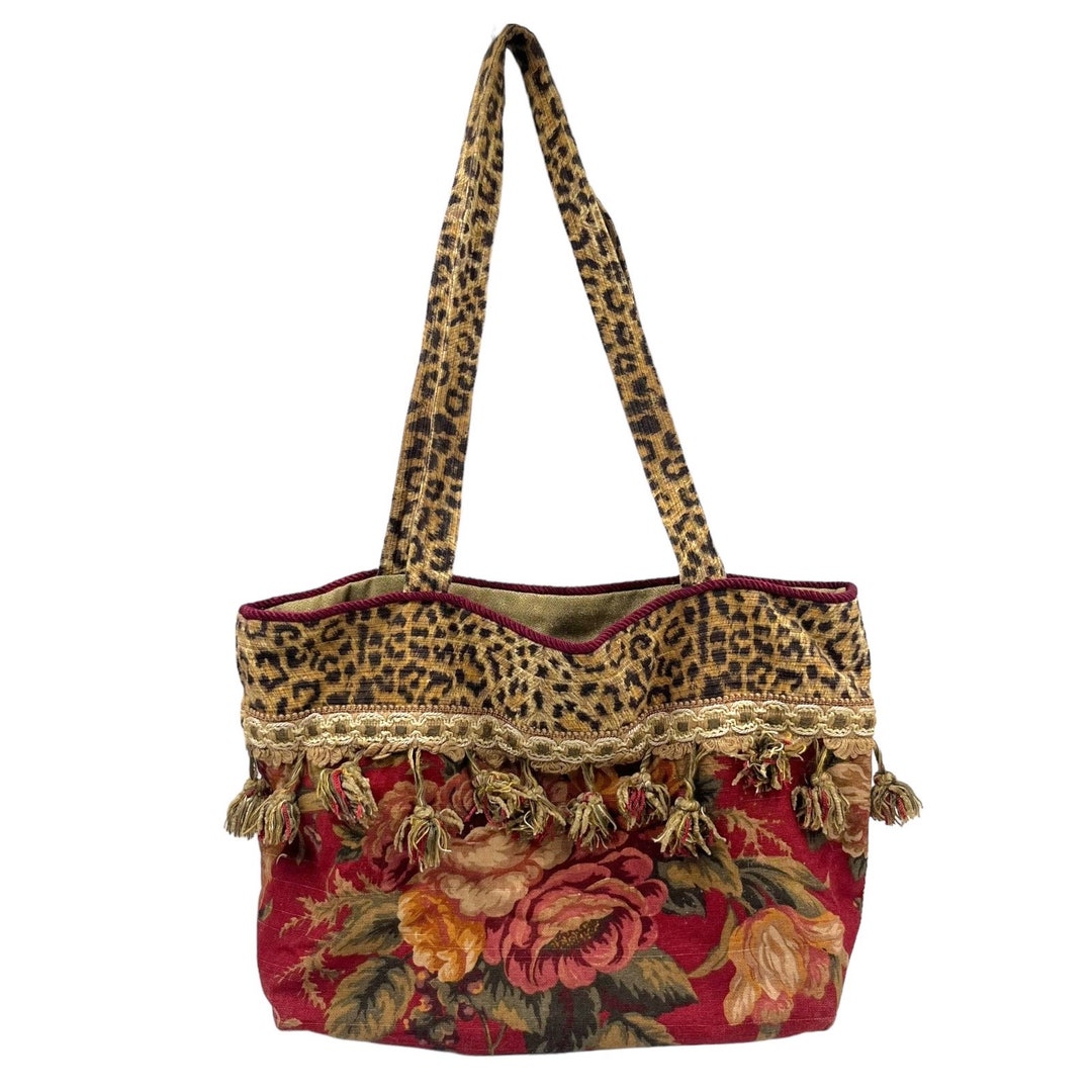 Vintage Leopard Print Floral Tote 1980s 1990s Handmade Red Cabbage ...