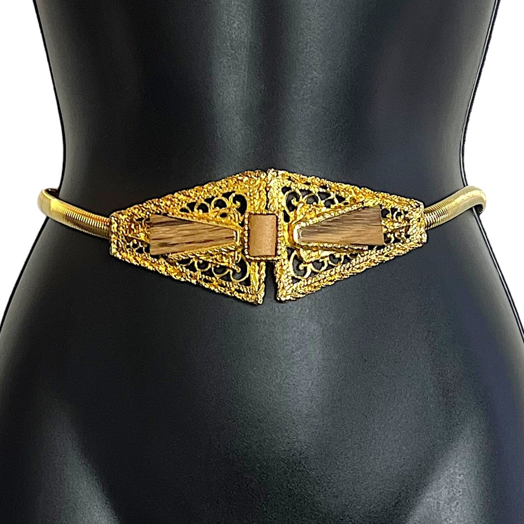Vintage Gold Omega Chain Belt 1960s 1970s Runway Filigree & Wood Buckle ...