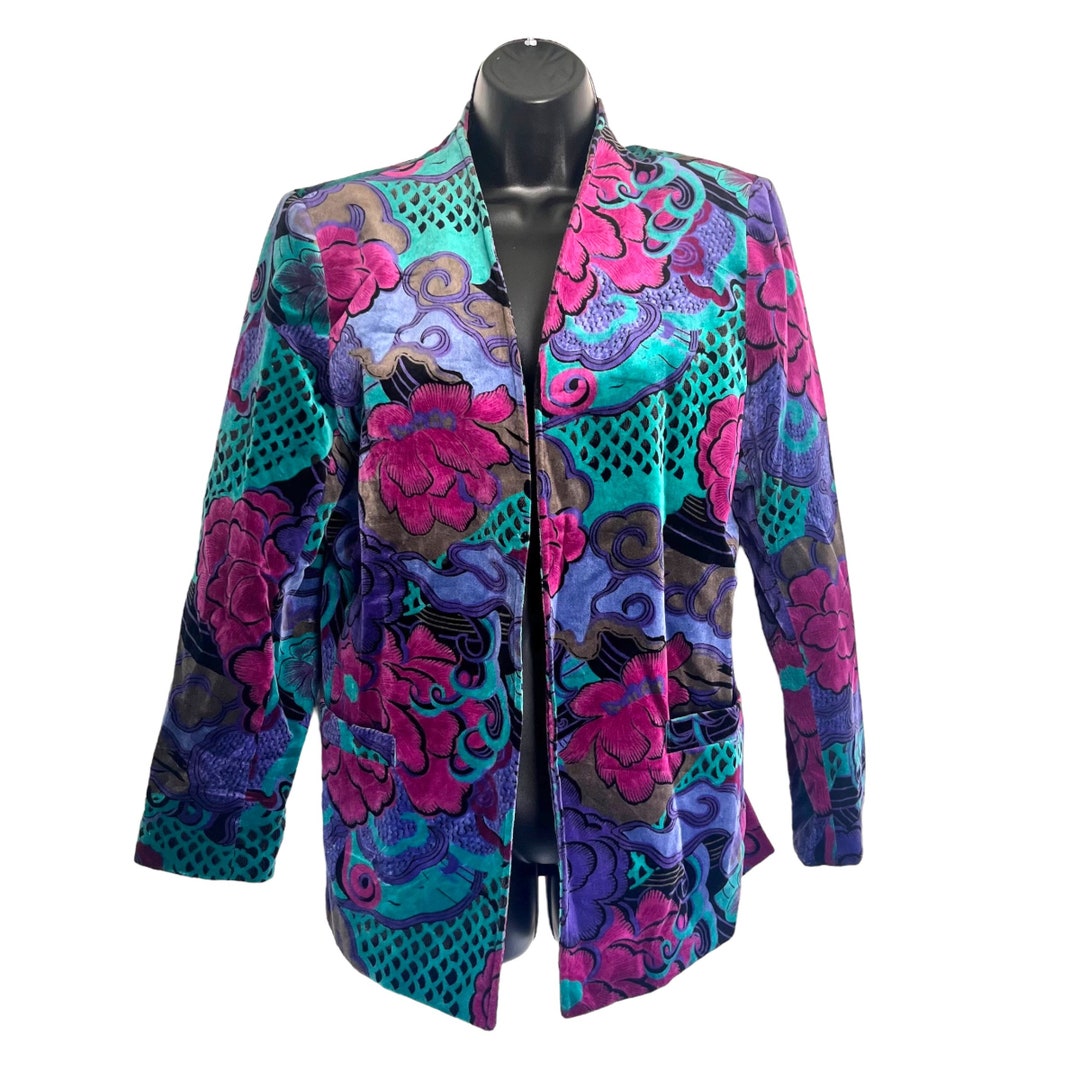Vintage Tan Jay Velvet Jacket 1980s 1990s Open Front Blazer Colorful ...