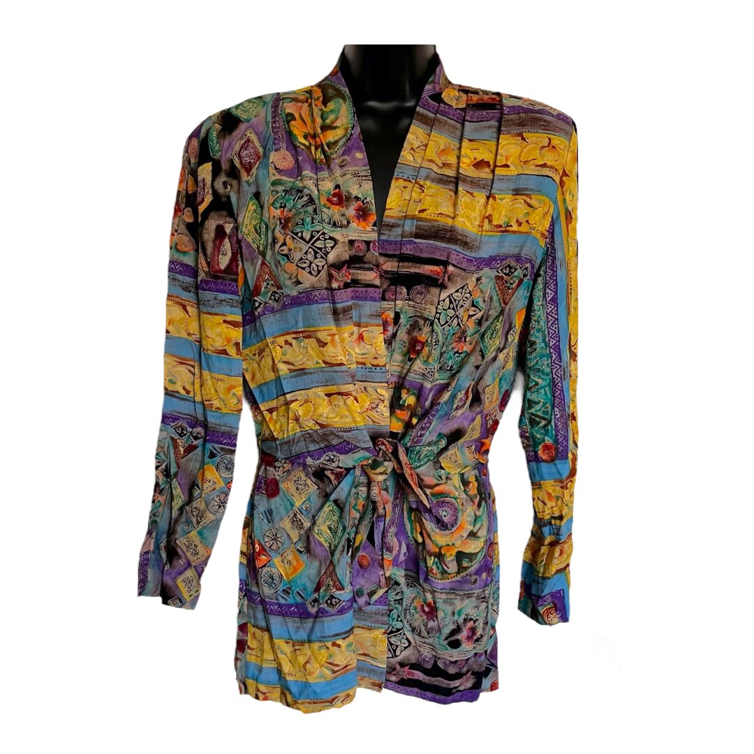 Vintage Boho Blazer Jacket 1980s 1990s Colorful Tie Front Patchwork ...