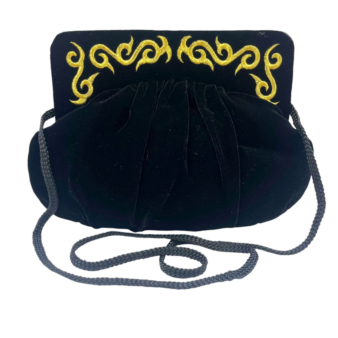 Vintage Embroidered Velvet Holiday Purse 1980s 1990s Black Velvet ...