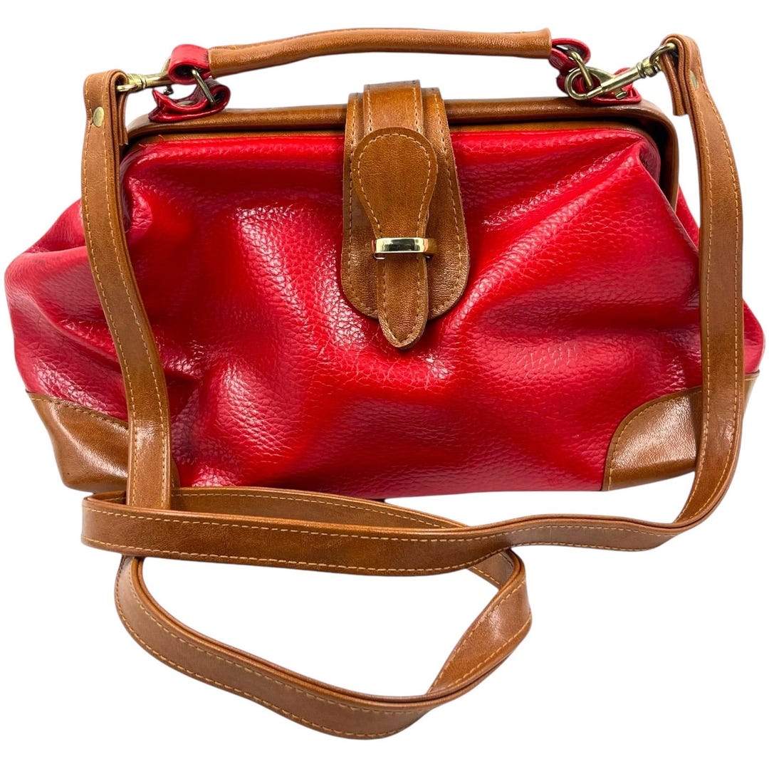 Vintage Red Doctor Bag Purse 1980s 1990s Brown Accents Classic ...
