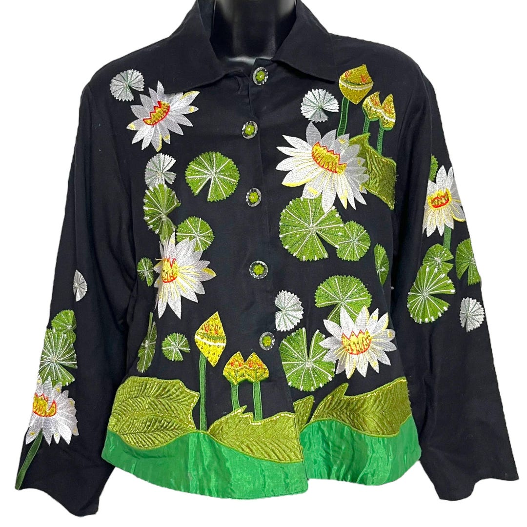 Vintage Art to Wear Pushpa Jacket 1990s Y2K Black Colorful Water Lily ...