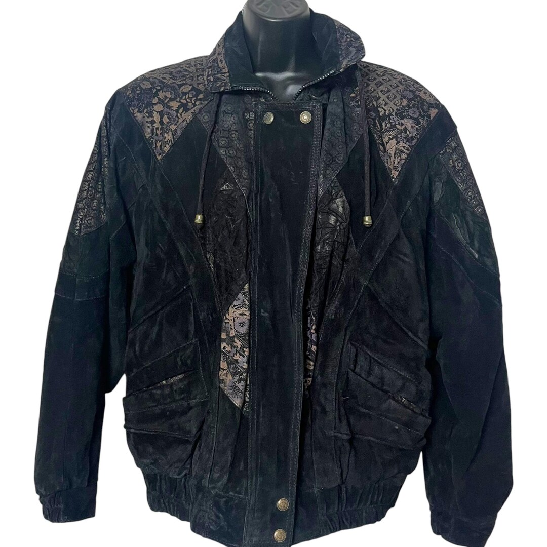 Vintage Suede Patchwork Jacket 1980s 1990s Retro Black Embossed Floral ...
