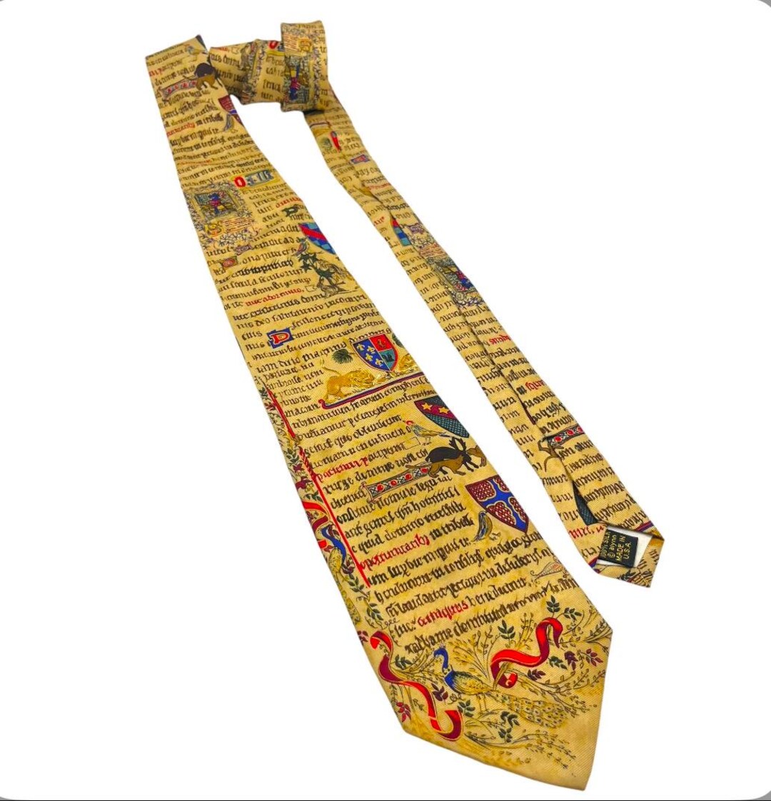 Vintage Medieval Manuscript Novelty Tie 1970s 1980s Silk Ornate ...