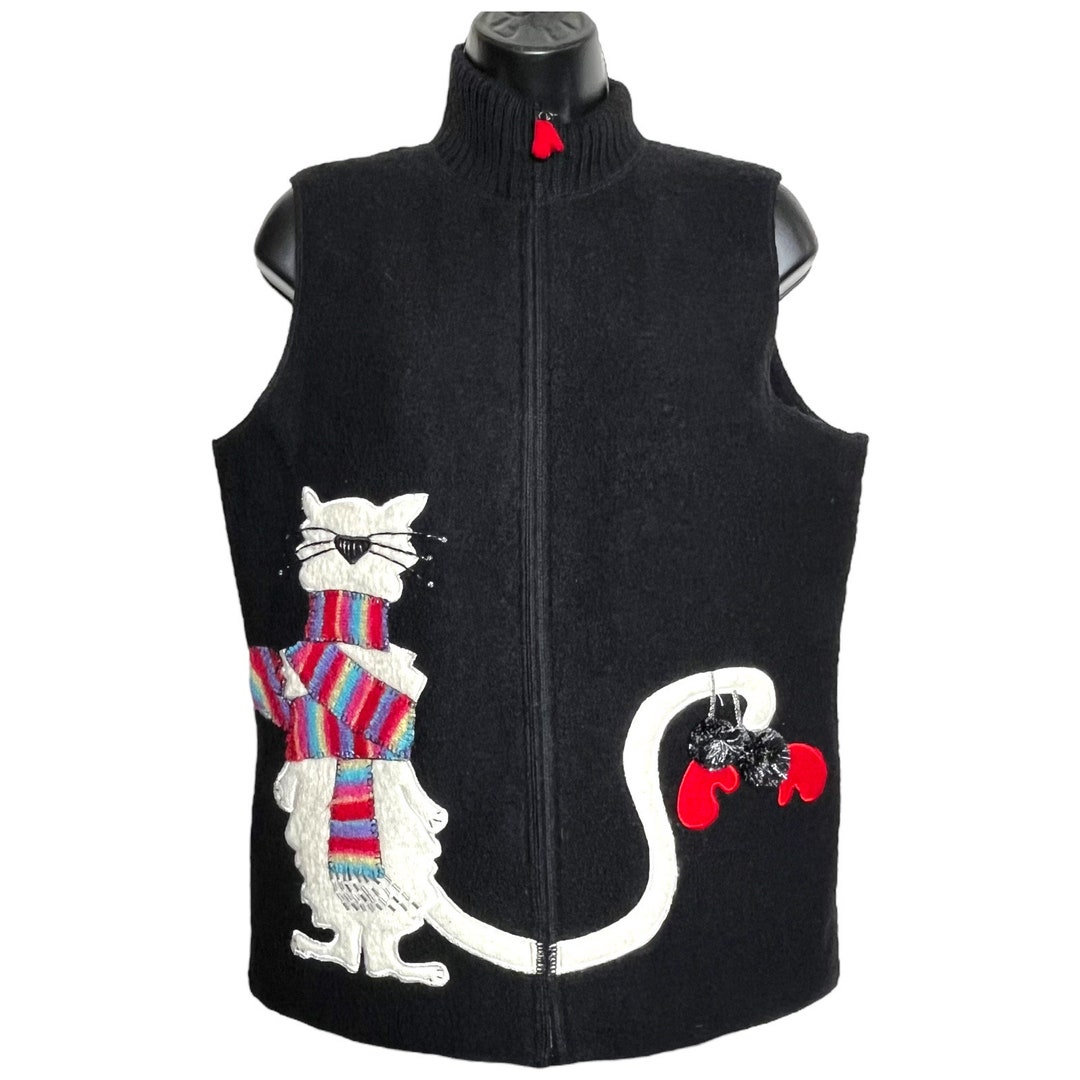 Vintage Winter Cat Sweater Vest 1980s 1990s Holiday 100% Wool Black ...
