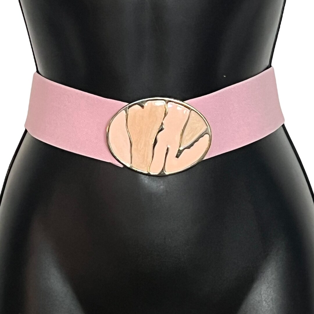 Vintage Pink Stretch Belt 1980s 1990s Wide Elastic Chunky Gold & Enamel ...