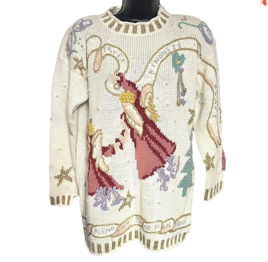 Vintage Christmas Angel Sweater 1980s 1990s Cream Gold Trust, Kindness ...