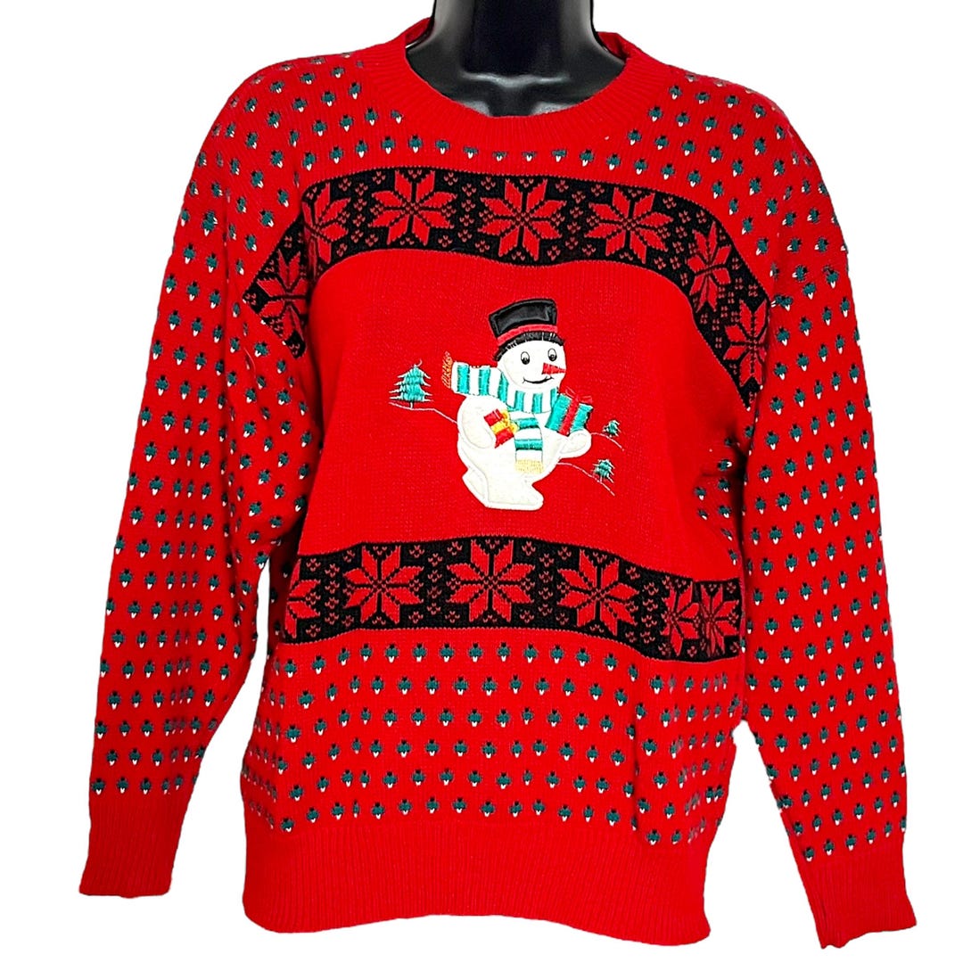 Vintage Kate Collins Christmas Sweater: Red Snowman Holiday Party (size ...