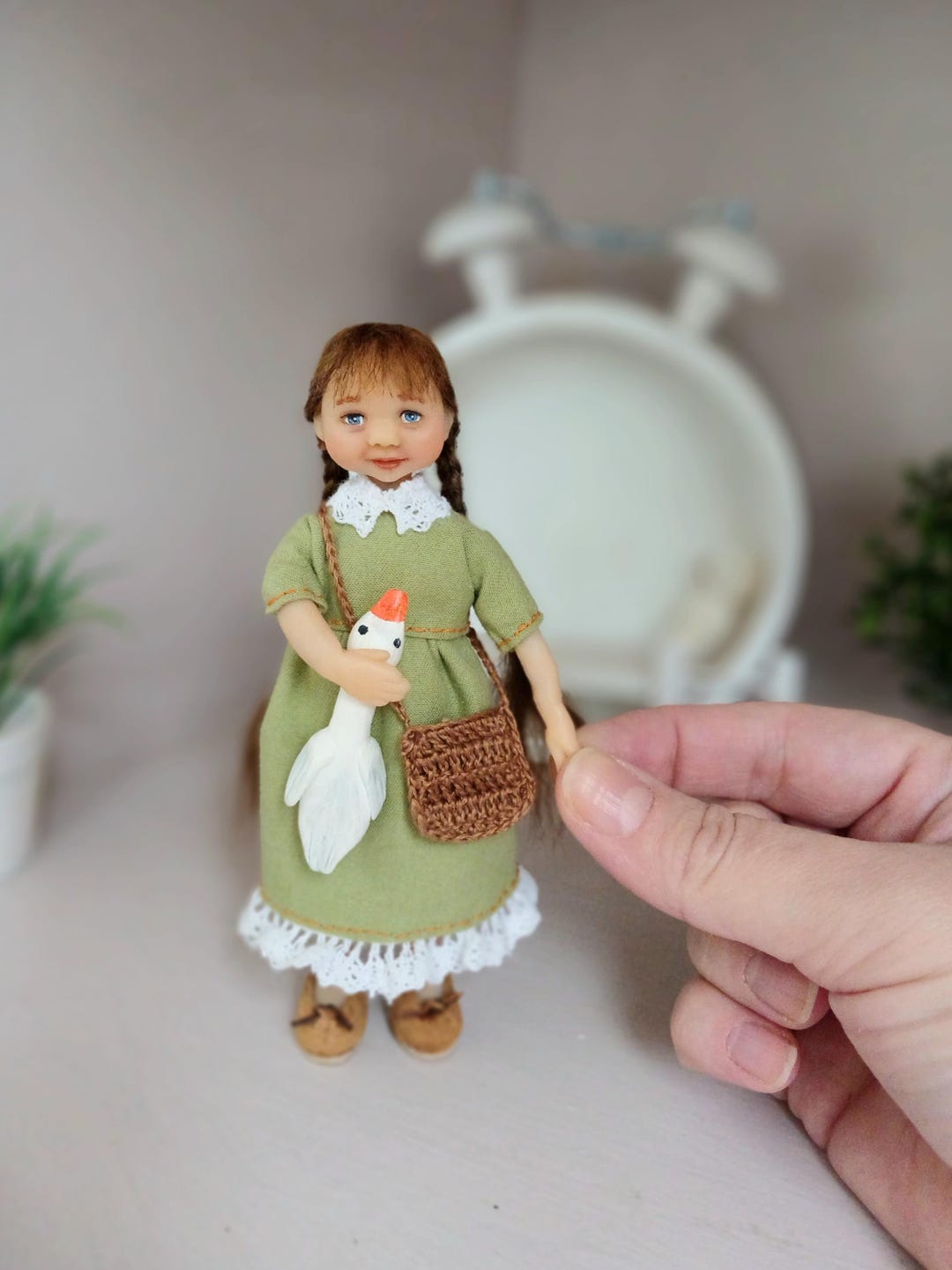 Miniature Doll 14 Cm, Doll in a Green Dress, Doll for Dollhouse, Art ...