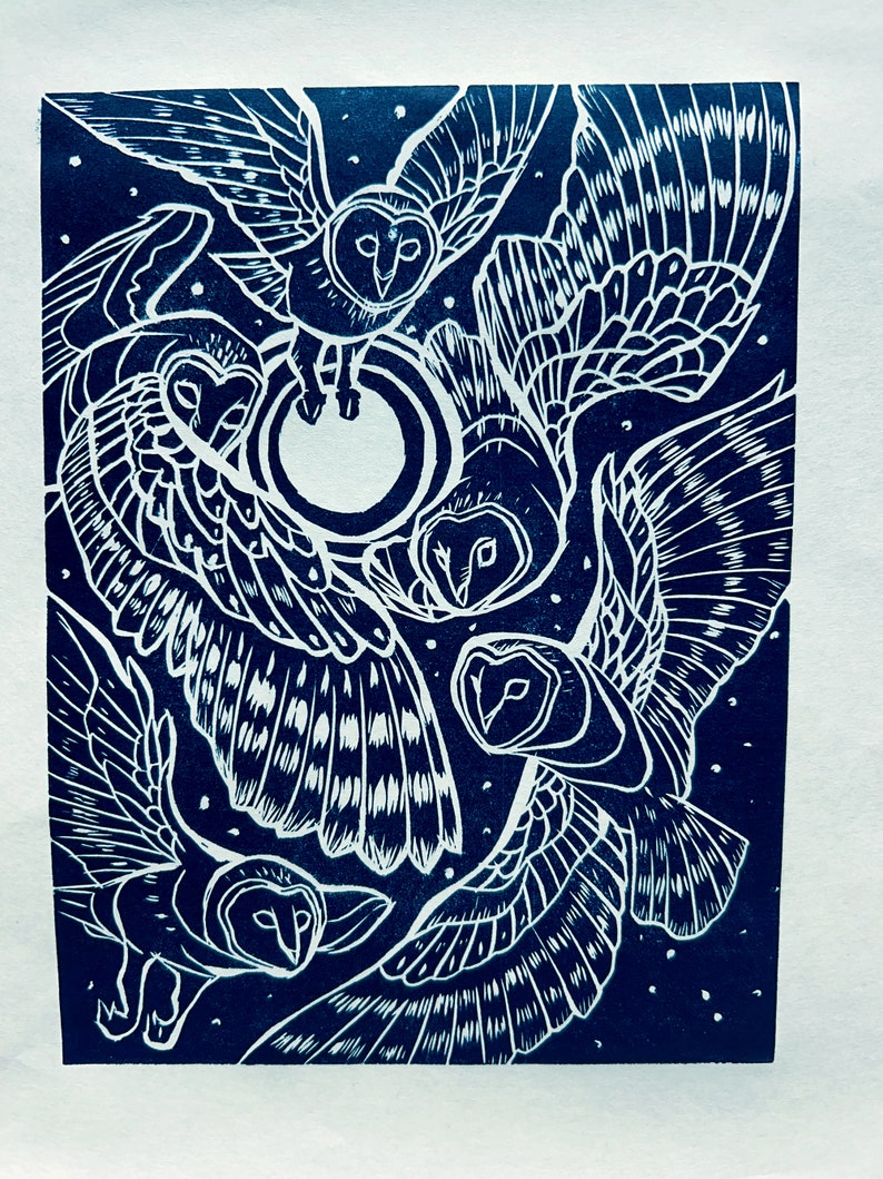 Owl Night Linocut Print - Etsy