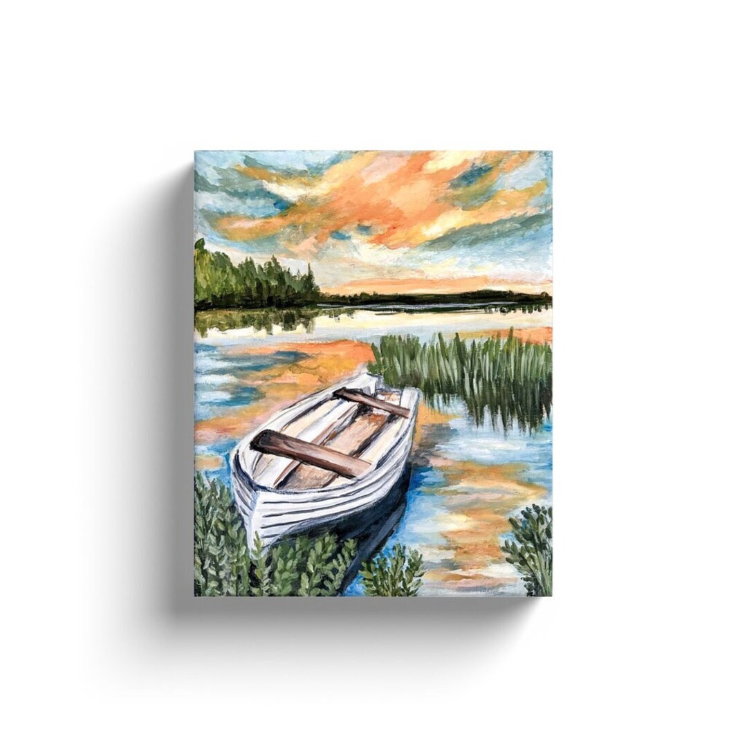 Row Boat Art Print, Boat in a Lake, Boat Painting, Boat Art Print ...