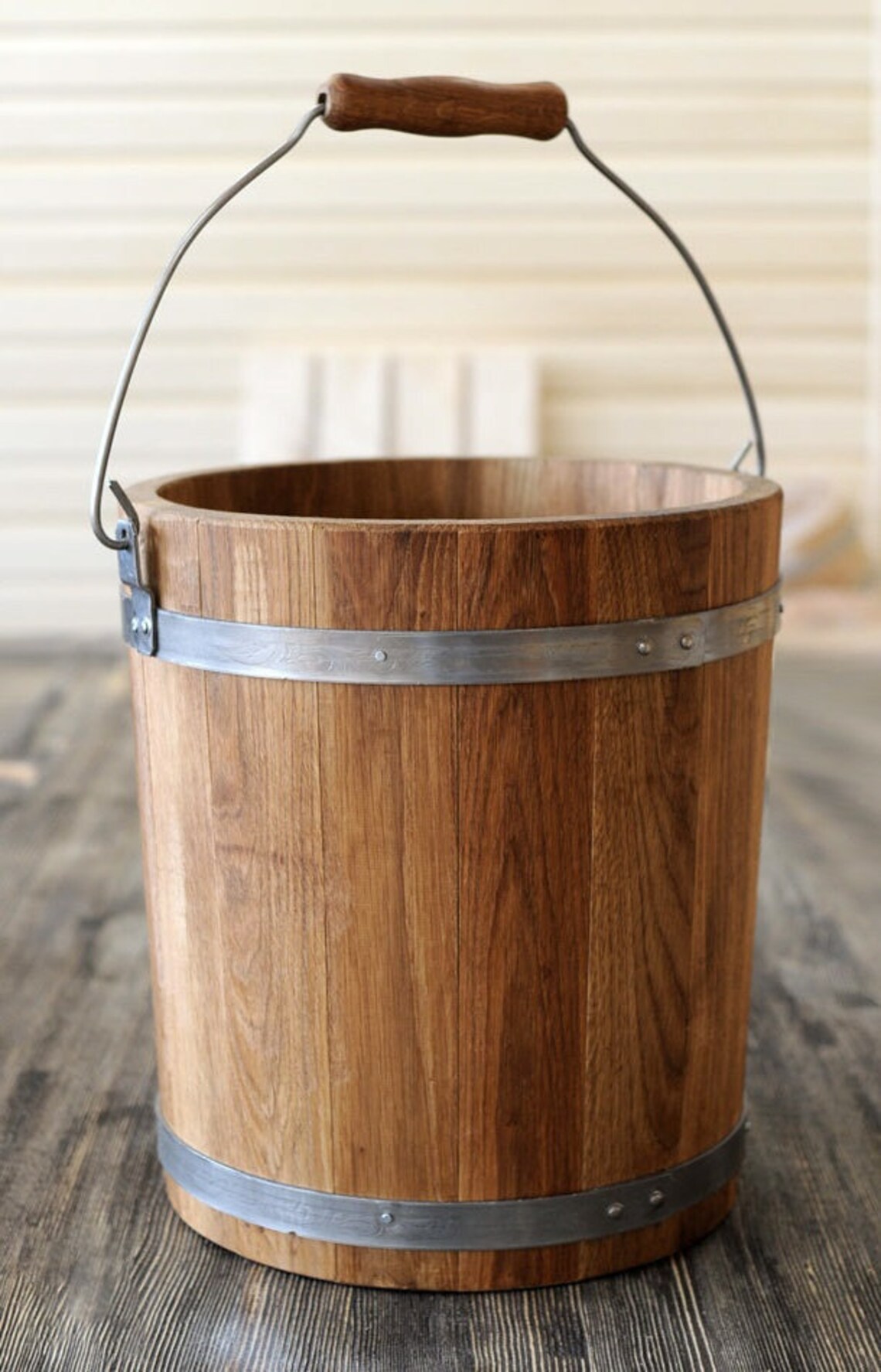 Wooden Oak Bucket [10L — 15L] Rustic Whiskey Barrel / Round Water Pail ...