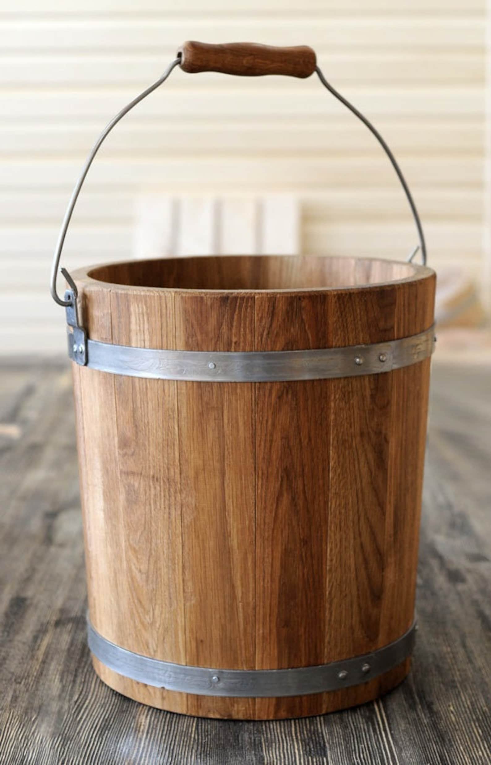 Wooden Oak Bucket [10L — 15L] Rustic Whiskey Barrel / Round Water Pail ...