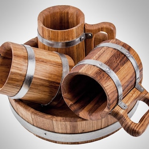 Handmade Mug With Tray / Wooden Oak Beer Cup 0.5 L, Tankard, Barrel ...