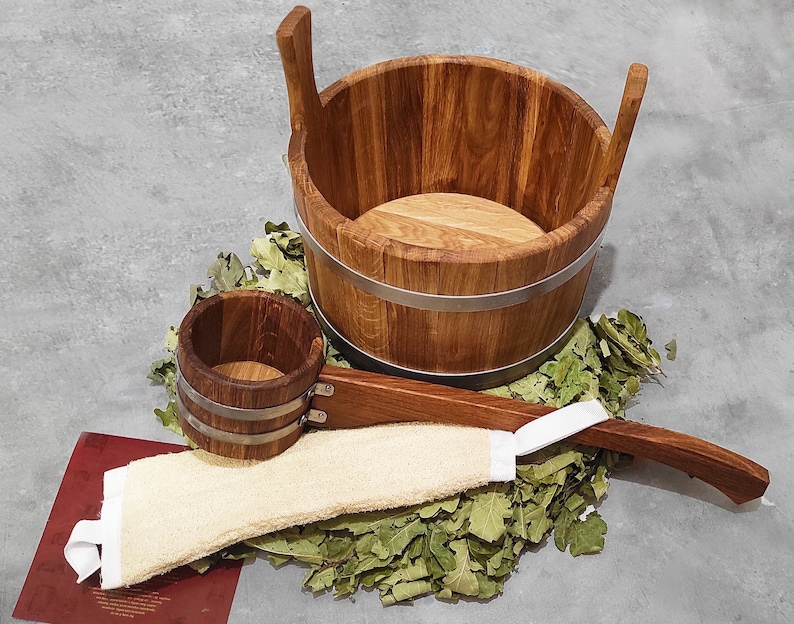 Wooden Sauna Bucket & Wooden Sauna Scoop [SET-3] Oak Ladle and Small ...