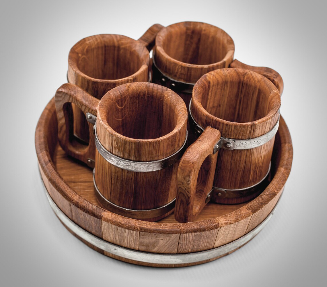 Handmade Mug With Tray / Wooden Oak Beer Cup 0.5 L Tankard - Etsy