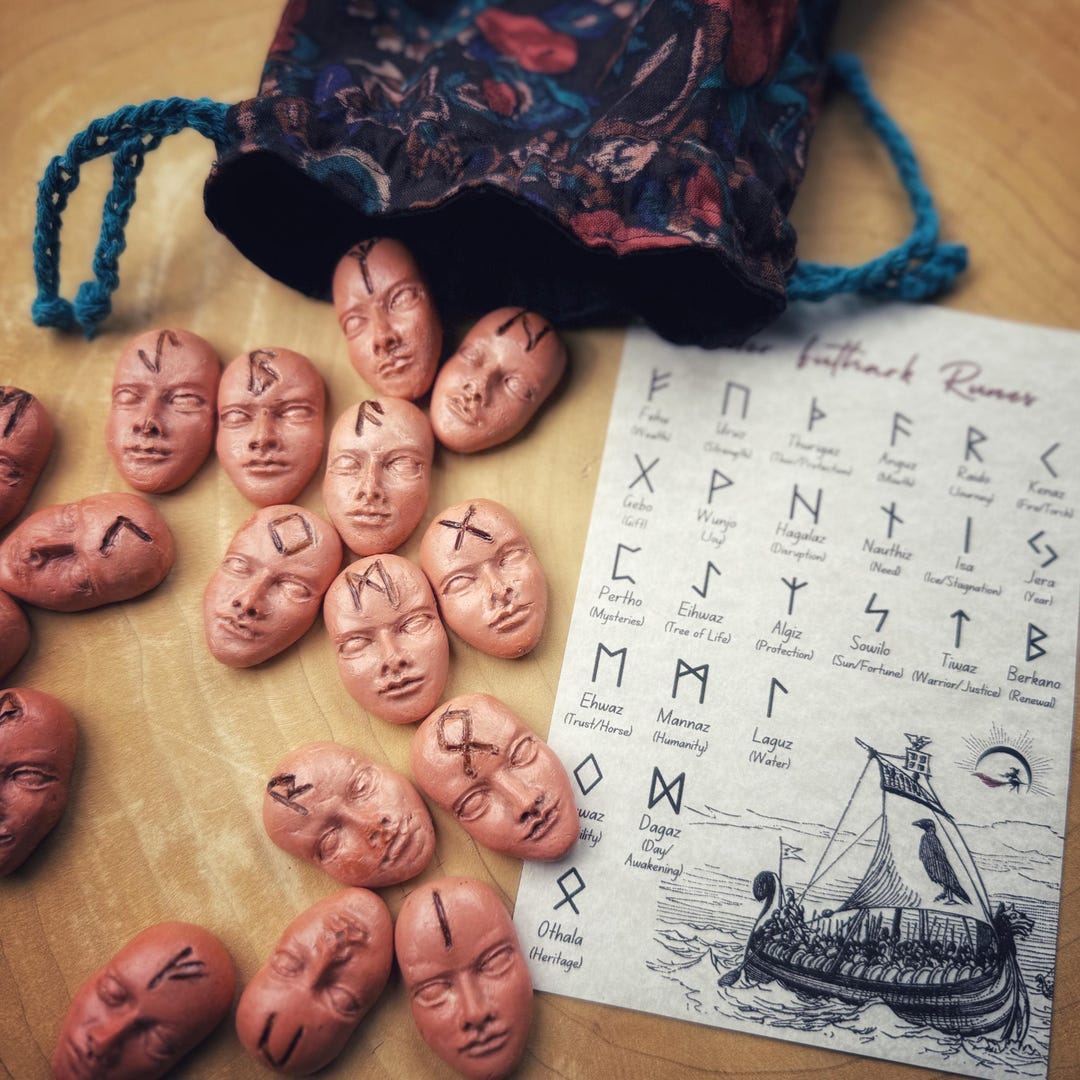 Elder Futhark Spirit Runes, Handmade Clay Face Rune Set for Divination ...