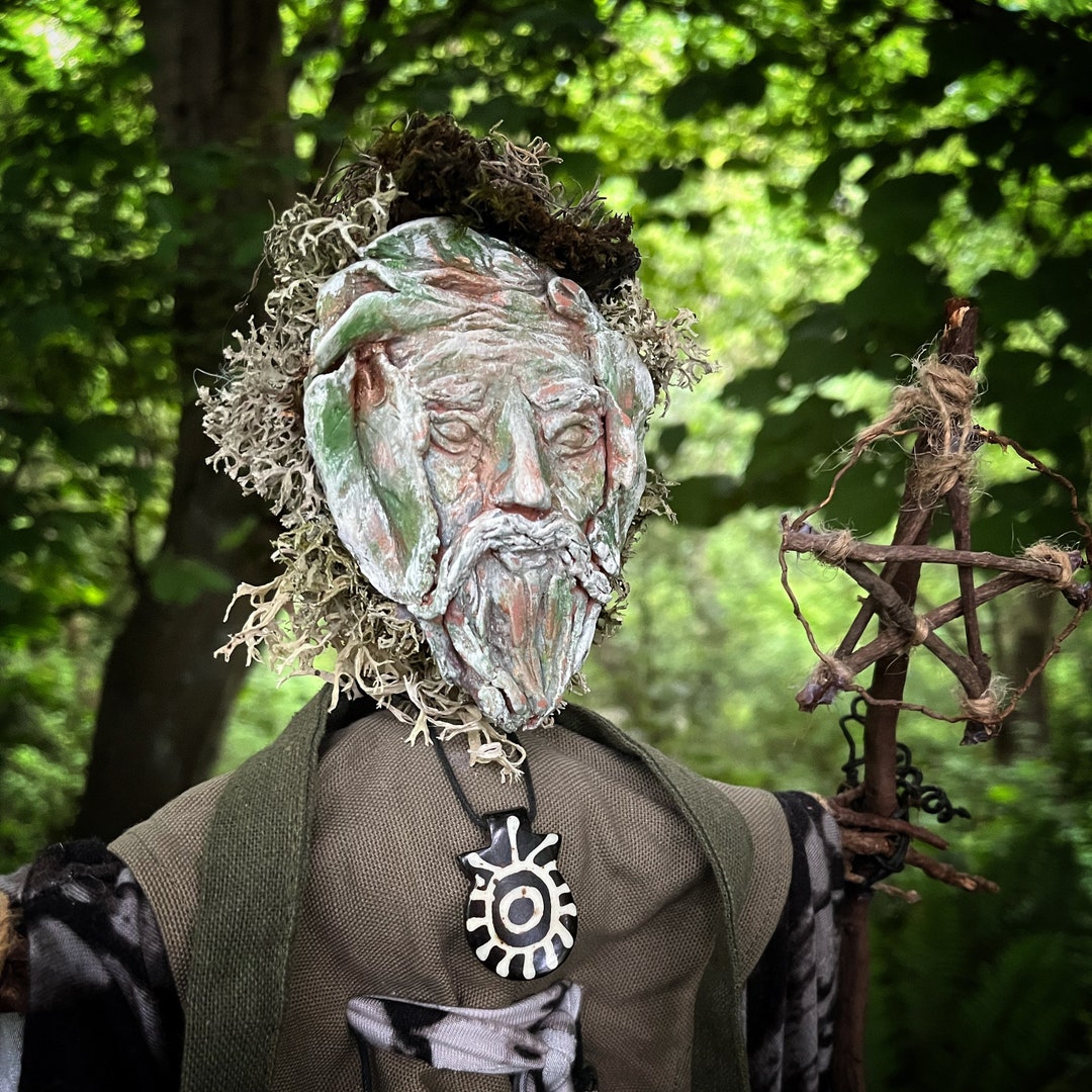 Green Man Spirit Doll, Forest Guardian Clay and Wood Fantasy Art Figure ...