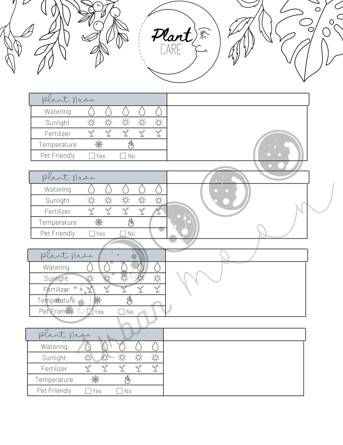 Plant Care Tracker PRINTABLE DIGITAL DOWNLOAD at Home Water and Feed ...