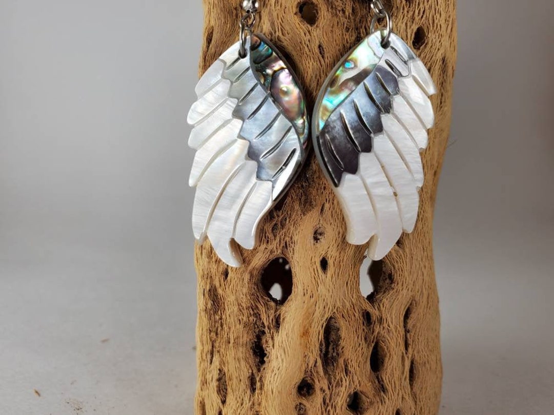 Abalone Mother of Pearl Angel Wing Earrings, Paua Shell Inlay Bird Wing ...