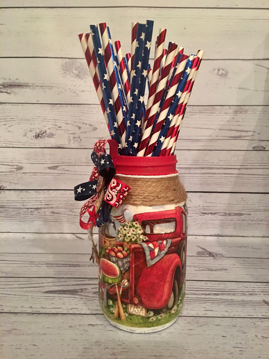 4th of July Patriotic Independence Day American Flag Red Truck Quart ...