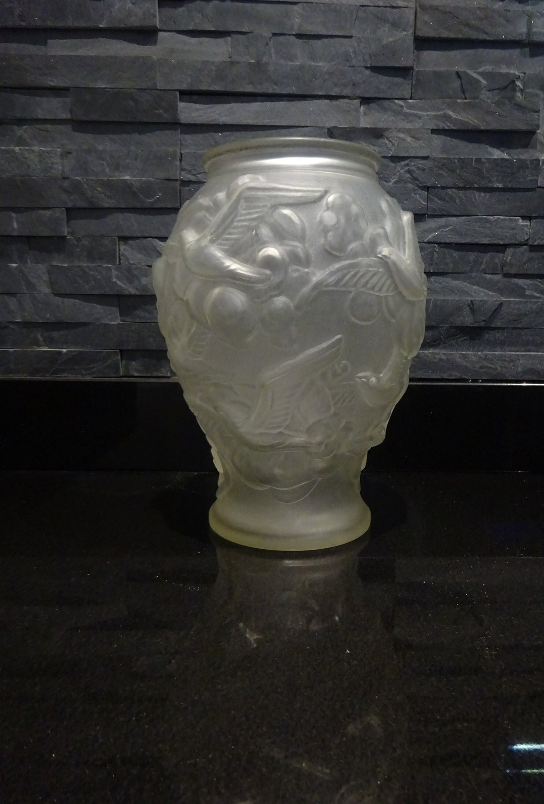 JOSEPH INWALD BAROLAC Vase-art Deco Pressed Glass Vase Birds and Clouds ...